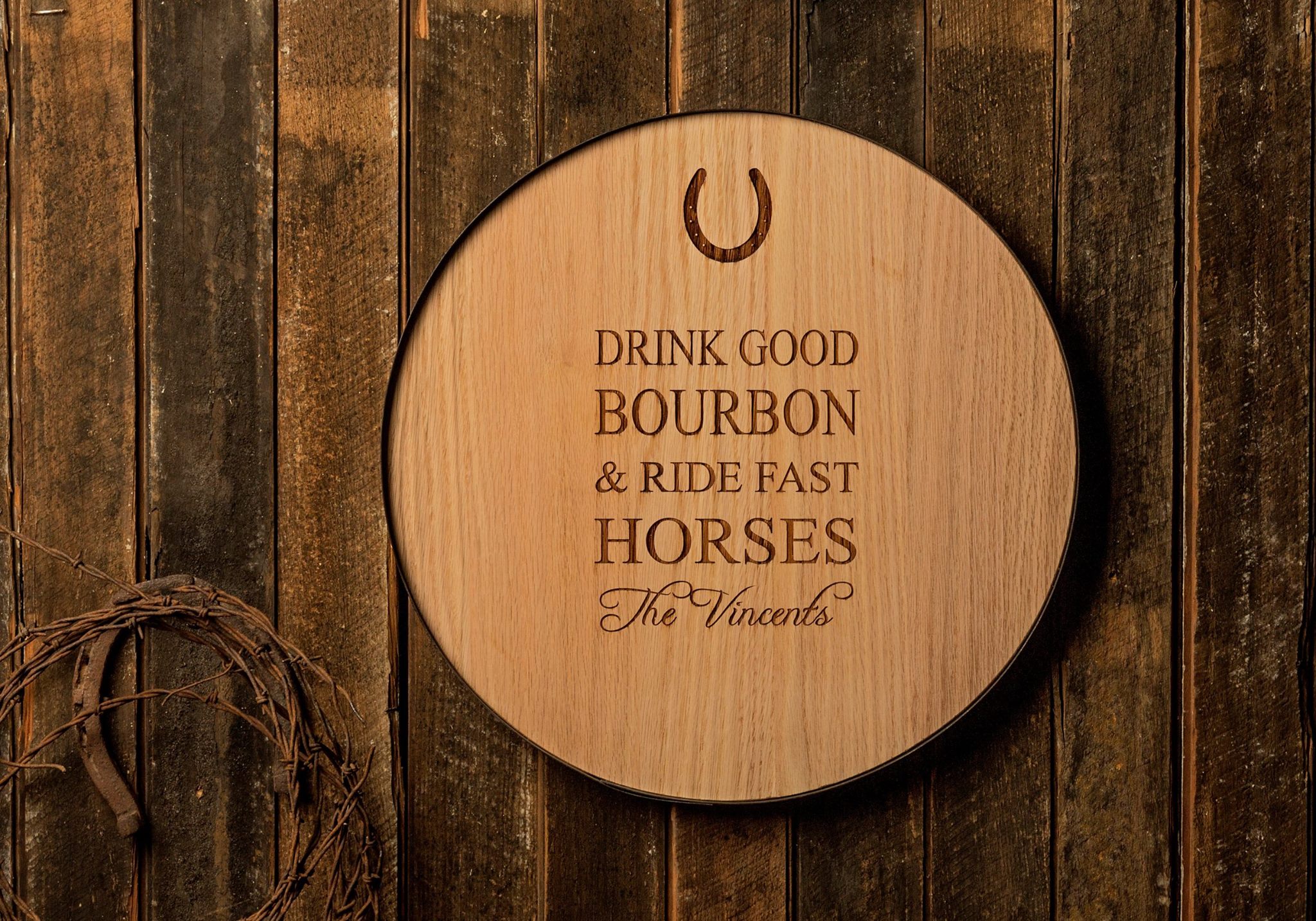 Engraved Oak Display Sign with Metal Band - 18" x 18" Circle
